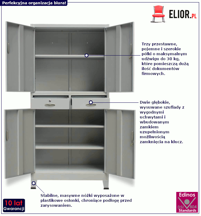 Stalowa szafa biurowa w kolorze szarym Eraje | Edinos.pl