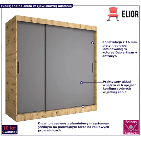 Szafa 200cm w kolorze dąb artisan antracyt Erco 6X | Edinos.pl