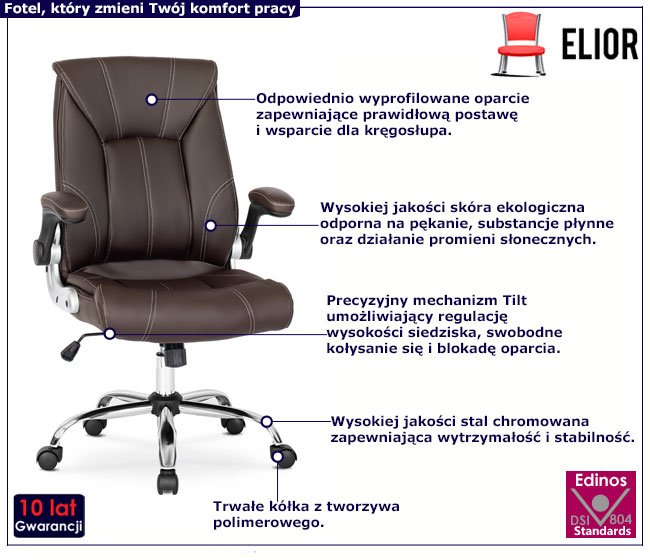 Brązowy skórzany fotel gabinetowy do biurka Hezi 4X - sklep Edinos.p