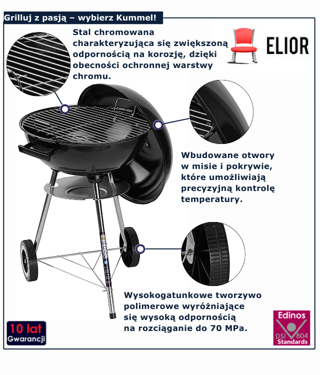 Okrągły grill ogrodowy z pokrywą Vorlin| Edinos.pl