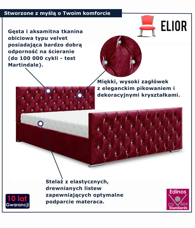 Czerwone łóżko tapicerowane 5 rozmiarów Valmiro | Edinos.pl